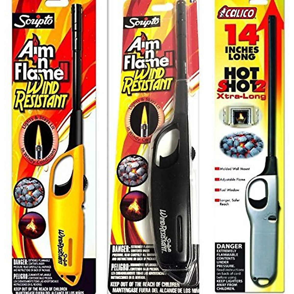 3 Pack - 2 Pack Scripto Multi Purpose Wind Resistant Lighter (Assorted Color) + 1 Pack Calico Hot Shot 2 Xtra Long Camping Grilling Home, Adjustable Flame