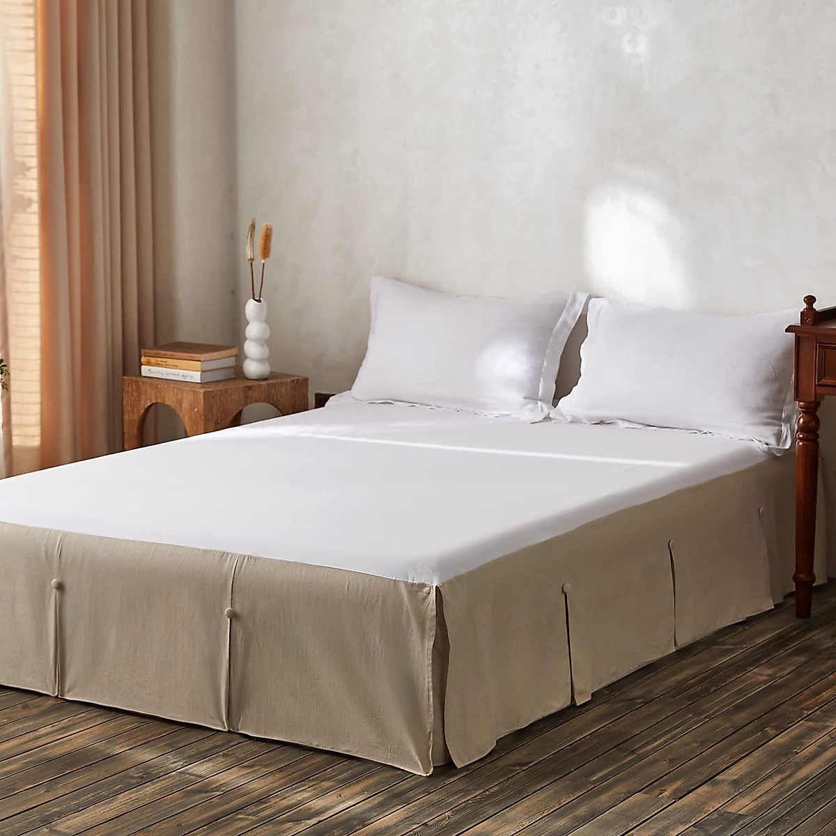 BISELINA French Linen Bed Skirt Split Corner with Button 14-Inch Tailored Drop Natural Flax Cotton Blend Basic Dust Ruffle Soft Cozy (14" King,Button Linen)
