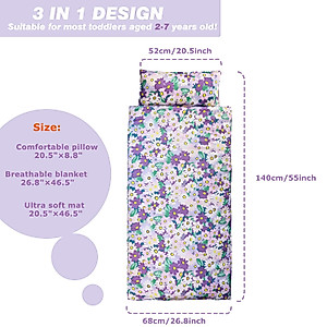 Hi Sprout Minky Dot Toddlers Nap Mat with Removable Pillow and Soft Blanket, Lightweight Daycare Preschool Kindergarten Sleeping Bag, Travel Slumber for Kids Girls Boys- Blooming Flowers