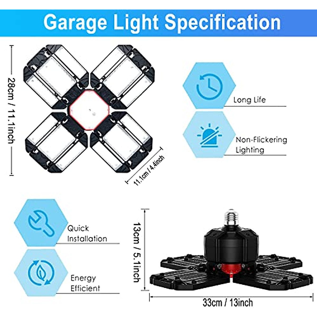 StillCool Garage Lights Ceiling Led, 2 Pack Shop Lights 180W 20000LM 6500K Garage Lights, 12 Adjustable Panels Deformable Ceiling Lighting Fixture - E26/E27 Bay Light for Barn, Workshop, Basement etc.