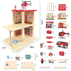BBtinker Wooden Fire Station Playset, Multicolor 3-Level Pretend Play Dollhouse with Figures, Truck, Helicopter and Accessories, Preschool Learning Educational Toys for Toddlers Kids Age 3 and up