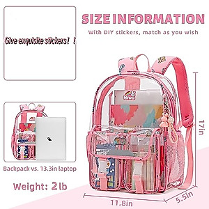 HTWO Clear Backpack for School, Backpacks for Girls, Passed CPSC Und Stadium Approved, Bookbag with Pendant (Pink)