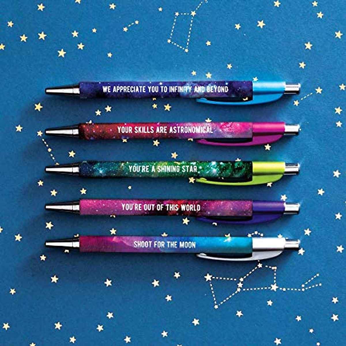 Retractable Galaxy Click Pens-5 pack- Motivational Quotes- Black Ink Fine Point 0.5mm, Assorted Designs for School Office Home New Hire Onboarding Employee Gifts by Cheersville