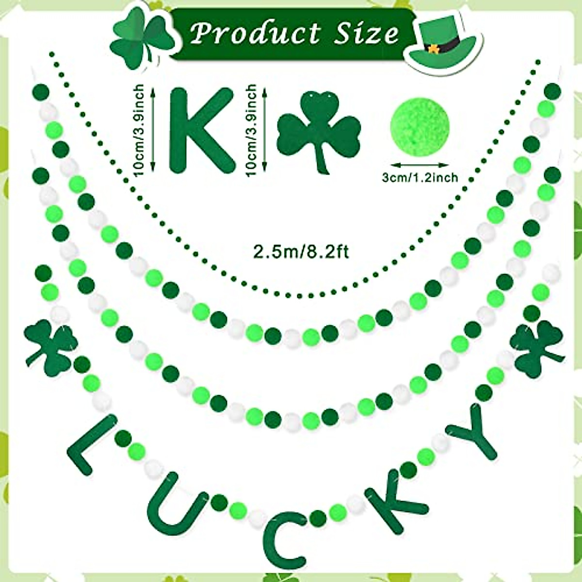 Whaline 3Pcs St. Patrick's Day Felt Pom Pom Banner Lucky Shamrock Clover Felt Garland Green White Pom Ball Banner Decorative Hanging Bunting Garland for Home Wall Decor Irish Party Supplies, 8.2Ft