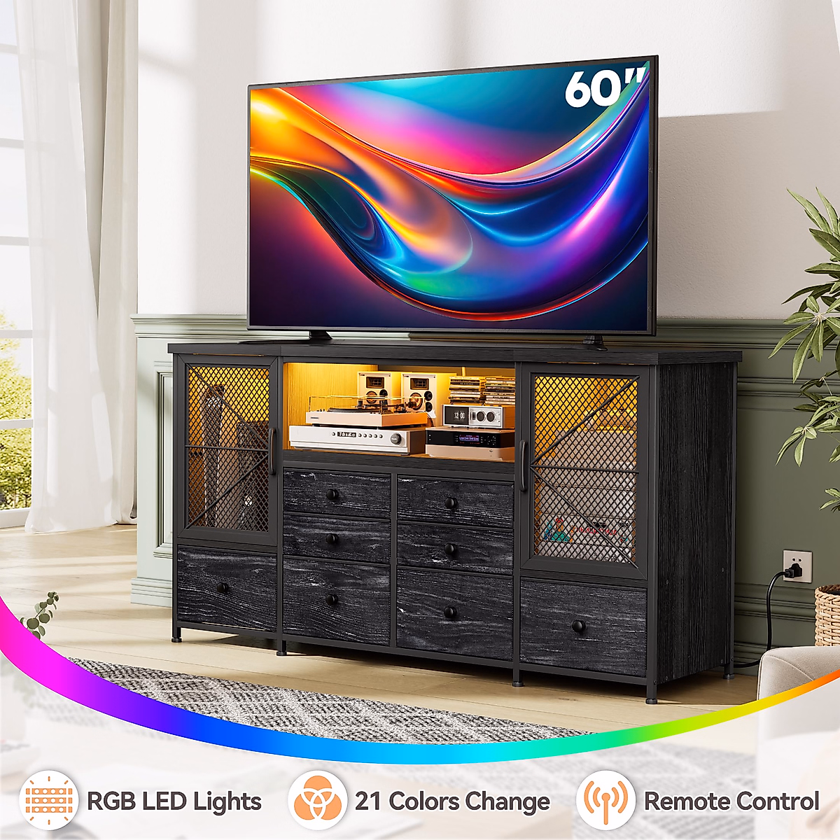 EnHomee Dresser for Bedroom with Power Outlets & LED Lights,Black Dresser for Bedroom with 8 Drawers& 2 Large Cabinet,Mesh Metal Door,60'' TV Stand Bedroom Dresser, Long Dressers & Chest of Drawers ﻿