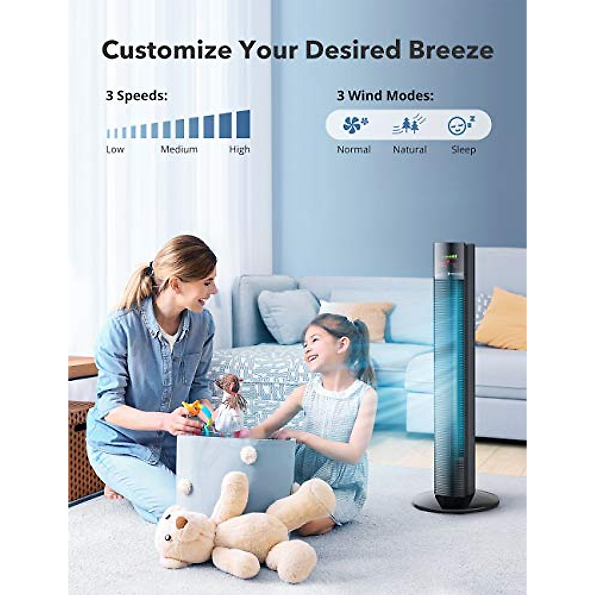 TAOTRONICS Tower Fan, 36" Oscillating Tower Fan with Remote, 9 Modes, Large LED Display, 12-Hour Timer, Space-Saving, Portable Floor Bladeless Fan for Bedroom Living Rooms Office, Black (TT-TF002)