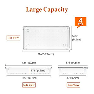 Lifewit Silverware Drawer Organizer, 5.75" x 11.65" Clear Utensil Tray for Kitchen Drawer, Stackable Plastic Flatware and Cutlery Storage Box Divider for Spoons Forks Knives Tools, 4 Pack