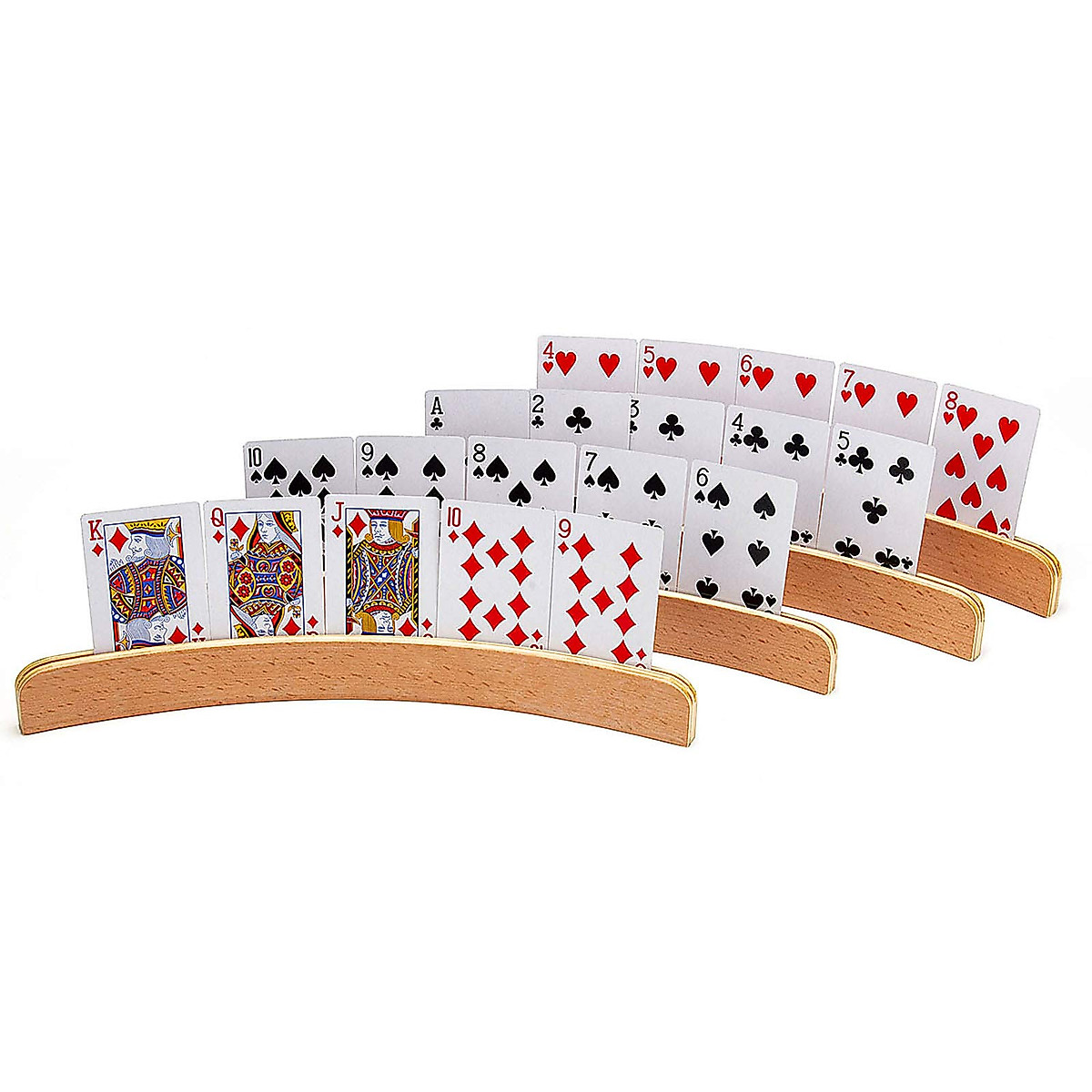 AMEROUS Wooden Playing Card Holders for Kids Seniors Adults, Long Enough Curved Wood Tray Rack Organizer for Card Game (Set of 4)