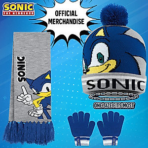 Sonic The Hedgehog Beanie Hat Scarf and Gloves Set for Boys (Multicolour- 3 Pieces)