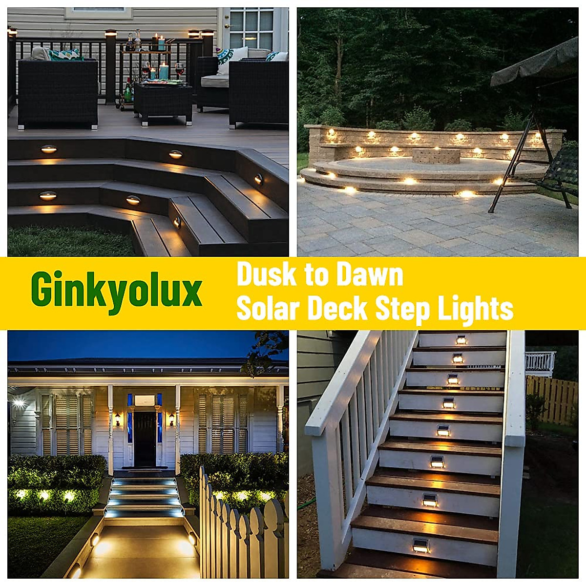 GinkyoLux Solar Deck Step Lights, 8 LEDs 3500K Warm White, Waterproof Dusk to Dawn Stair Garden Pathway Fence Railing Patio Landscape Lighting Ideal for Home Safety and Beauty, 2-Pack