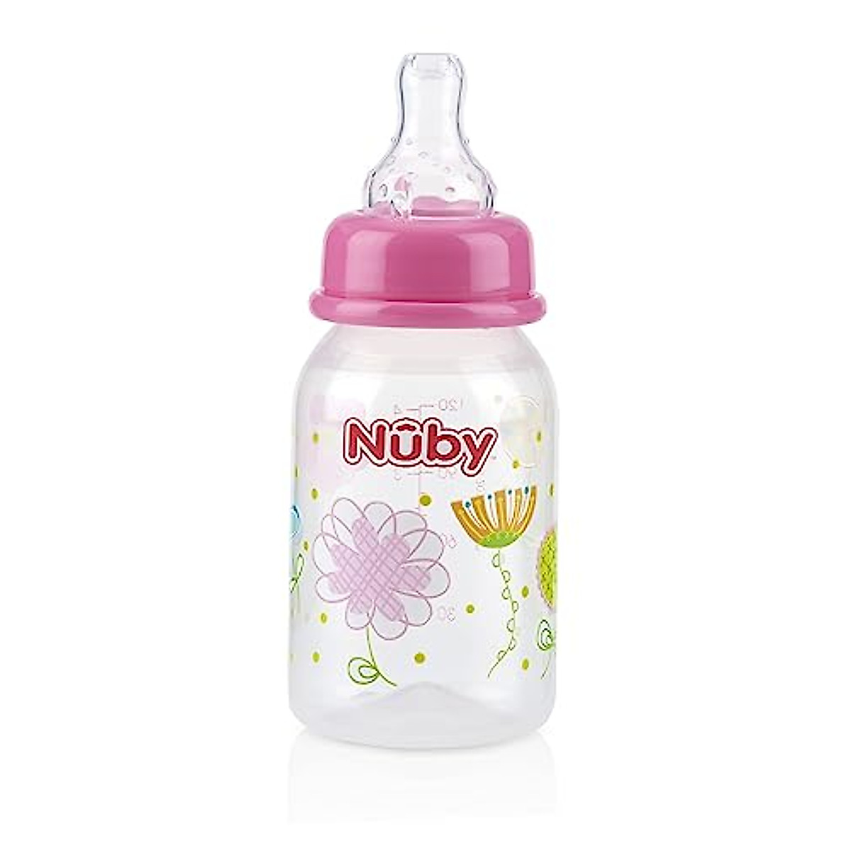 Nuby Printed Non-Drip Bottle, 4 Ounce, 1 Pack of 1 Bottle, Colors May Vary