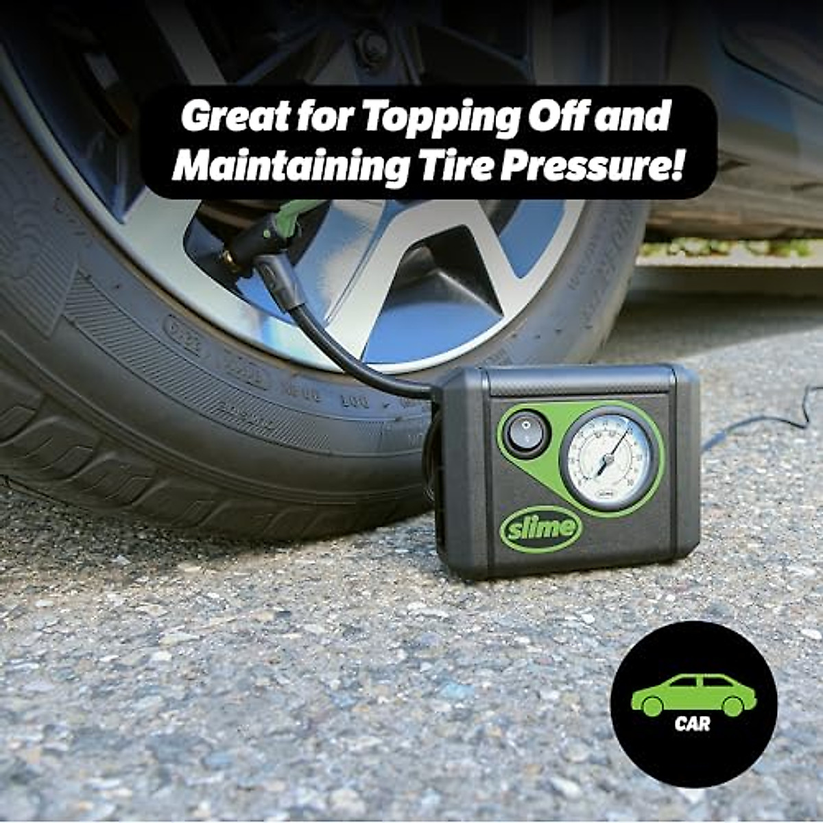 Slime 40059 Tire Inflator, Junior, Compact, Powerful, Portable Car Air Compressor, Lightweight, Analog, Flat Tire Repair, 12V, 12 min Inflation