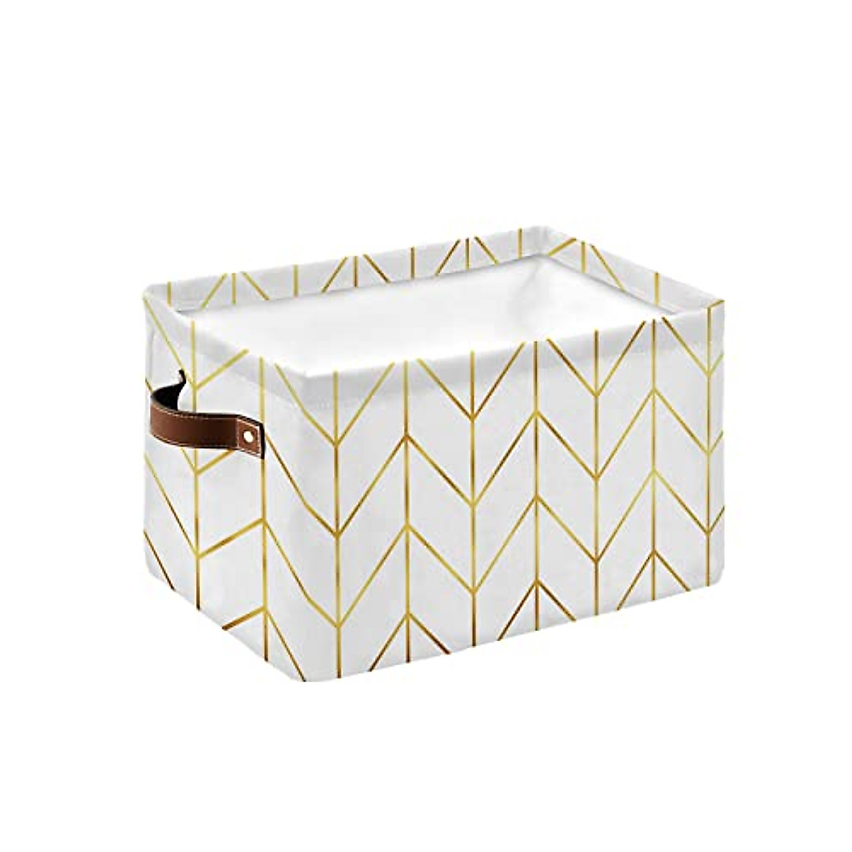 Storage Baskets for Organizing, Toy Box Chest Modern Herringbone Geometric White and Gold Foldable Cube Storage Bin with 2 Leather Handles Set of 1