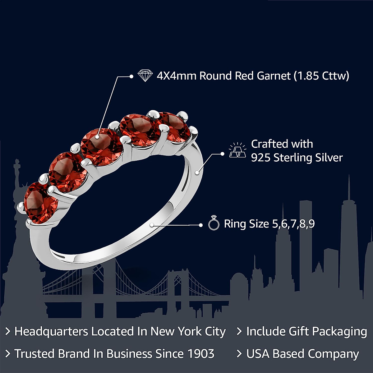 Gem Stone King 925 Sterling Silver Red Garnet 5 Stone Band Ring For Women (1.85 Cttw, Gemstone Birthstone, Round 4MM, Available 5,6,7,8,9) (Size 8)