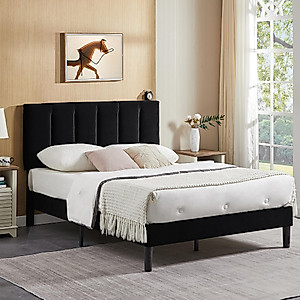 VECELO Queen Bed Frame with Upholstered Headboard, Platform Mattress Foundation with Strong Wooden Slats Support, No Boxing Spring Needed, Easy Assembly, Black