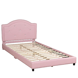 Leather Kids Twin Bed , Crystal Button Adjustable Height Headboard Children's Bed, Wooden Slat Base Toddler Bed ,Upholstered Twin Bed for Kid, Fits Standard Twin Mattress(75"Wx39"D) (Pink)