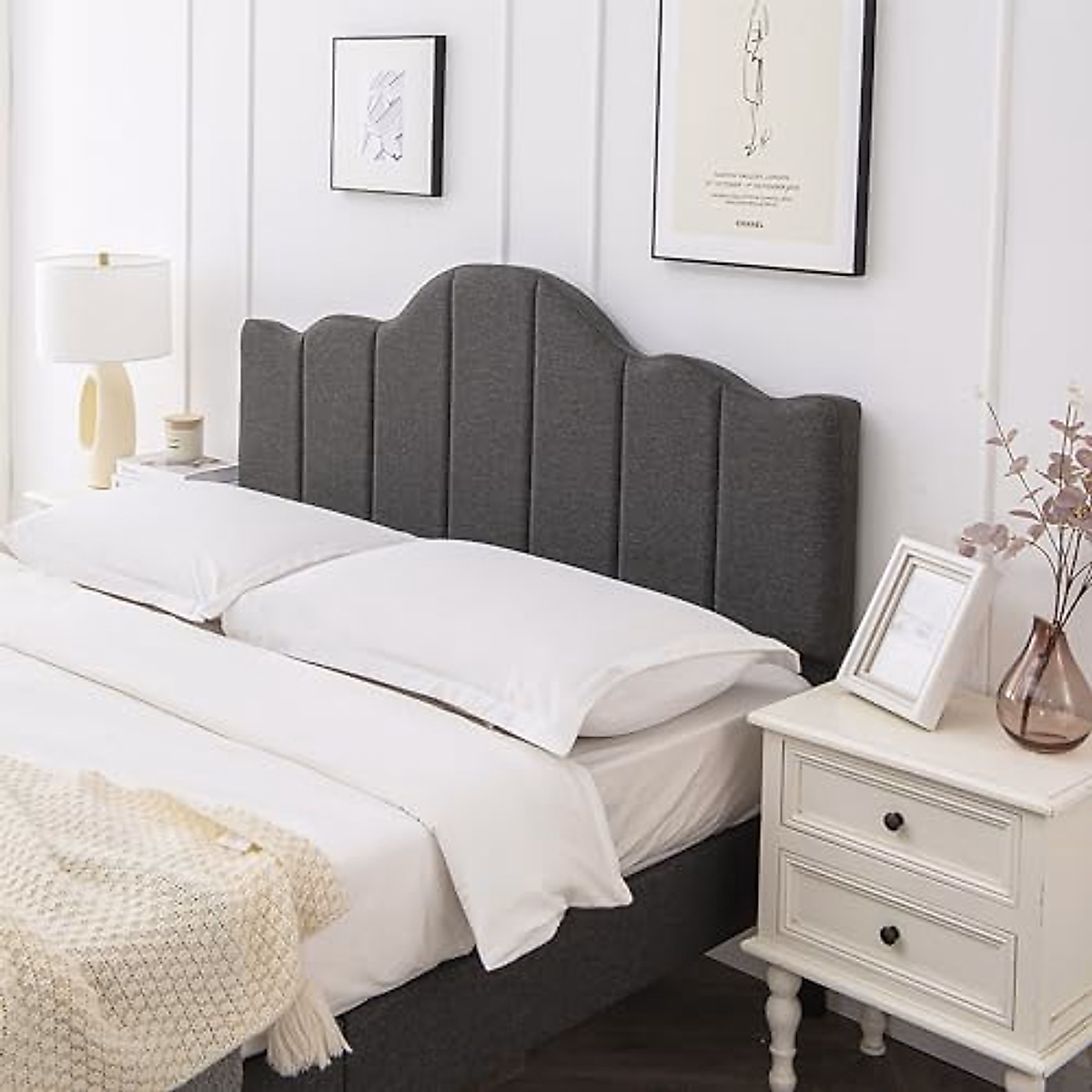 EZKozzy Full Bed Frame Upholstered Platform with Headboard and Strong Wooden Slats, Strong Weight Capacity, Non-Slip and Noise-Free,No Box Spring Needed, Easy Assembly, Grey Full Bed