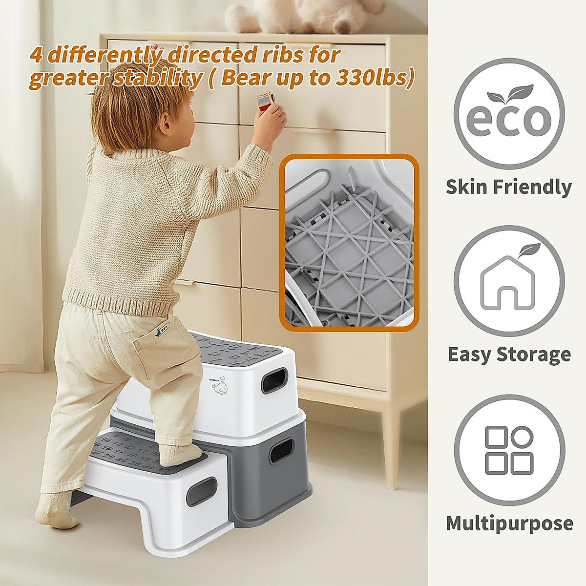 INNOWEST Step Stool for Kids (Ducks Included), 2 Step Stool for Bathroom Sink, Anti-Slip Sturdy Toilet Potty Training Toddler Stool with Handles (Grey)