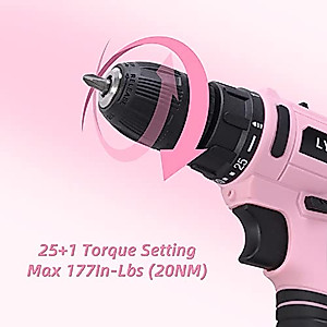 LYERCW 12V Cordless Drill, Pink Electric Drill Driver Set with 21Pcs Driver/Drill Bits, 25+1 Torque Setting, 3/8" Keyless Chuck, 2 Variable Speed, LED Light, Storage Bag