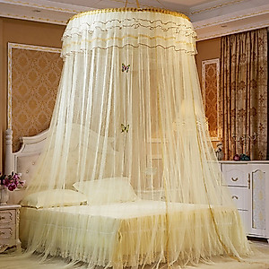 Guerbrilla Luxury Princess Pastoral Lace Bed Canopy Net Crib Luminous butterfly, Round Hoop Princess Girl Pastoral Lace Bed Canopy Mosquito Net Fit Crib Twin Full Queen Extra large Bed (yellow)