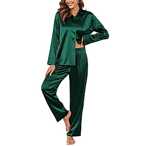 Ekouaer Silk Pajamas for Women Classic Button Down Pj Sets Satin Sleepwear Comfy Long Sleeve Loungewear Green L