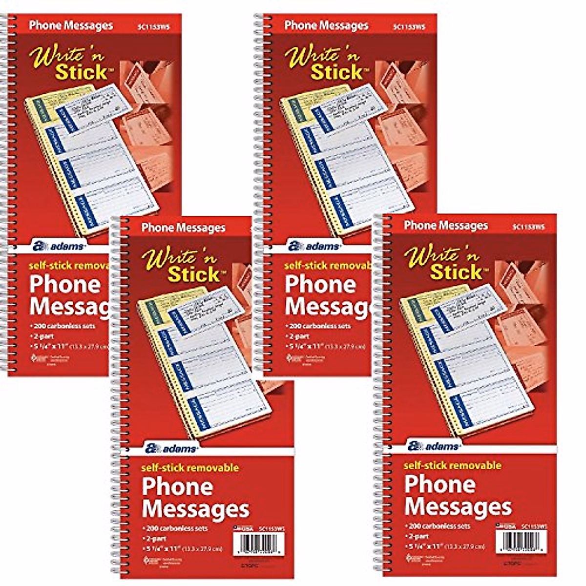 TOPS Adams Write 'N Stick Spiral Message Pad, 200 Carbonless Duplicate Sets Per Pad, 5.25 x 11 Inches, White/Yellow (SC1153WS) 4 PACK
