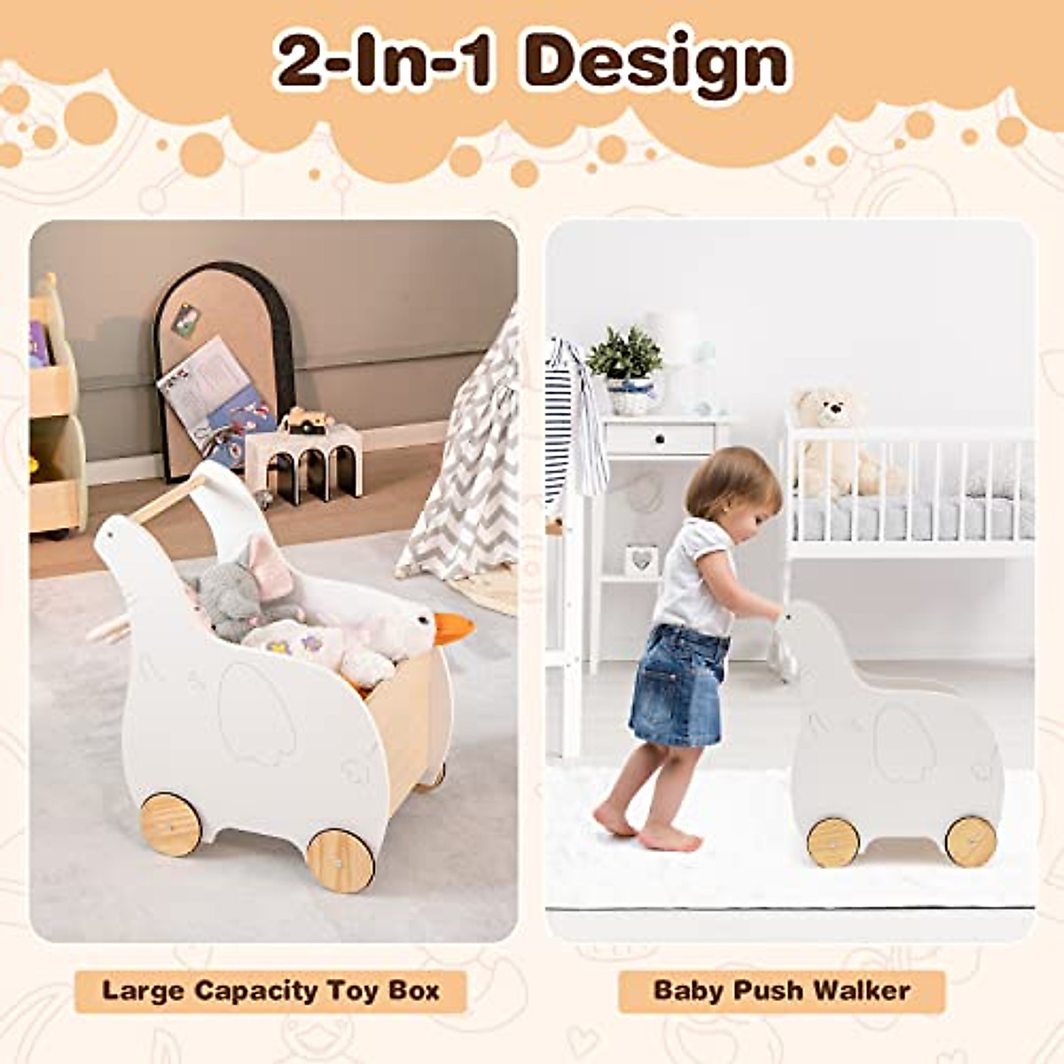 BABY JOY Baby Wooden Push Walker, 2-in-1 Toddler Learning Walker w/Toy Storage Chest, Non-Slip 4-Wheels, Push & Pull Stroller Walker for 1-3 Years Old Boys Girls (Cute Elephant)