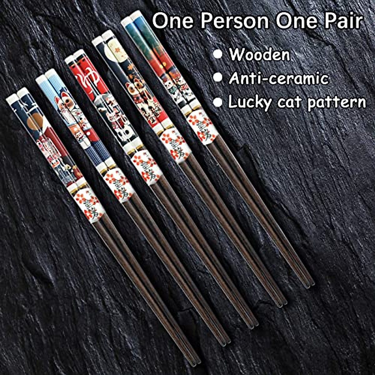 WORCAS 5 Pairs Hardwood Chopsticks Reusable， 9.0Inch/23cm Japanese Style Natural Wood Chop Stick Hand-Carved Chopstick (Anti ceramic pattern)