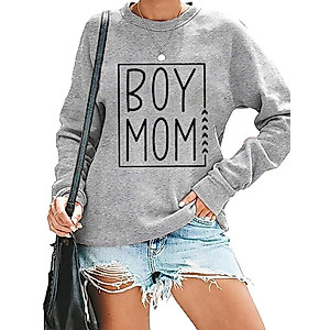 Boy Mom Sweatshirt for Women Casual Fall Winter Long Sleeve Pullover Tops Funny Letter Print Boy Mama T Shirt (M, Gray)