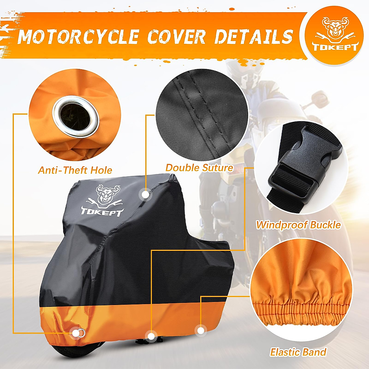 Tokept Motorcycle Cover, All-Season Waterproof Outdoor Sun Protection Fit up to 91 Inch Harley-Davidson Honda Suzuki Kawasaki Yamaha (L Black&Orange)