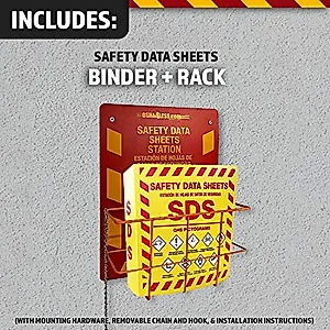 SDS Display Rack and Binder Set -Includes Bilingual Heavy Duty 3-Ring Binder with 3 Inch Capacity Holds Over 700 Sheets, Metal Wire Rack, Highly Visible Wall Mount Station, Detachable Chain and Hook, Mounting Hardware with Instructions