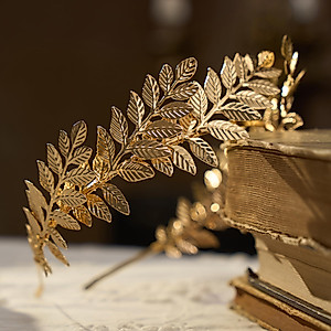 SWEETV Goddess Crown Bridal Headband Leaf Tiara Wedding Headpiece Gold Costume Accessories Greek Bridesmaid Prom Festival Hair Accessories Queen Crown Wedding Hair Piece for Women and Girls