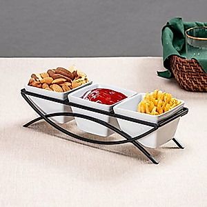 UNICASA Square Ramekin Bowls 10 oz, Condiment Serving Tray with Metal Rack Stand - Chips and Dips Snack Tray for Party - White Side Dish for Appetizer, Fruit, Nuts, Ice Cream, Candy