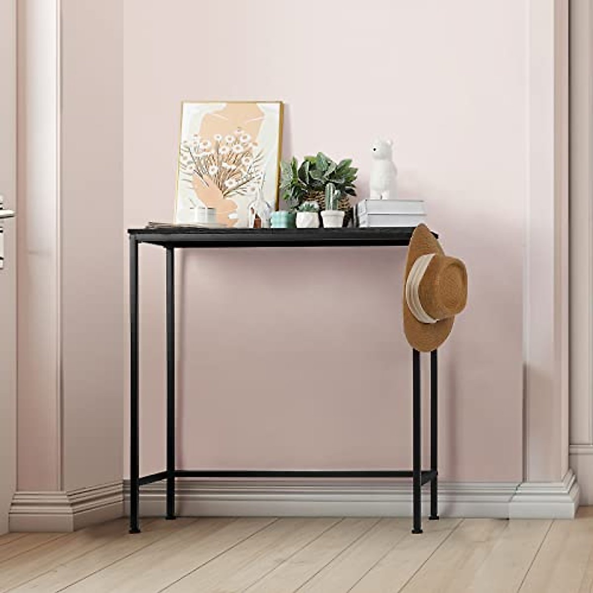 Small Console Table Black Entryway Table Modern Narrow Long Sofa Table Skinny Hallway Table Thin Behind Sofa Table Console Tables for Entryway 31.5 Inch with 2 Hooks, Sofa Side Display for Hallway