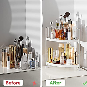KINGBERWI 2-Tier Bathroom Corner Counter Organizer, Makeup Storage Shelf Vanity Tray, Bathroom Sink Countertop Organizer, Silver
