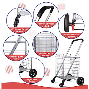 OmniRolls Grocery Shopping Cart with Swivel Wheels, Folding Shopping Cart with Wide Cushion Handle, Mesh Bottom and Brake System, Silve,