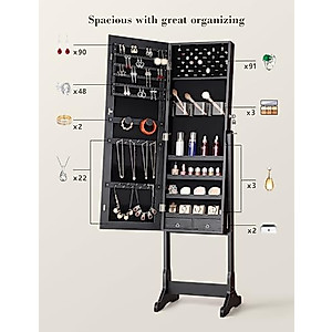 Nicetree Jewelry Cabinet with Full-Length Mirror, Standing Lockable Jewelry Armoire Mirror Organizer, 3 Angel Adjustable, Black