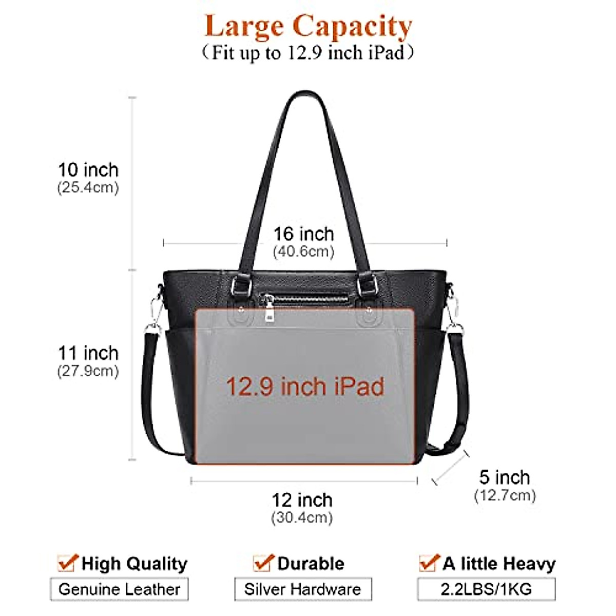 Over Earth Women Leather Handbags Genuine Leather Tote Shoulder Bag with Multi Pockets(O105E UG Black)