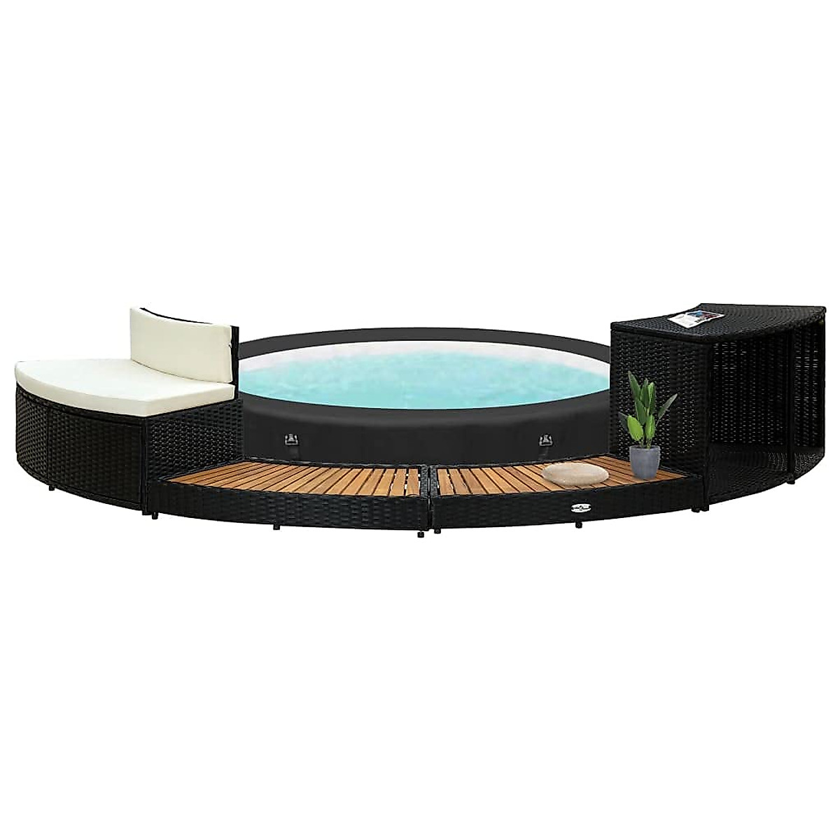 OUSEE Spa Surround Black Poly Rattan and Acacia Wood