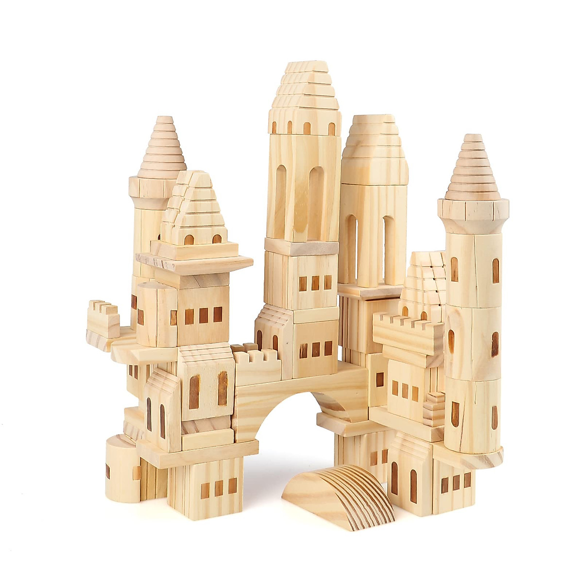 Garlictoys 75 Pieces Wooden Castle Blocks Medieval Knights Princesses Wooden Castle Building Blocks Kit for Kids Boys and Girls