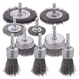 WENORA 9 Pcs Wire Brush Wheel for Drill, 0.012 Coarse Carbon Steel Crimping Wire Brush for Drill, 1/4 Inch Hex Shank, Wire Brush Drill Bit, Wire Brush for Rust Removal, Wire Brush Drill Attachments