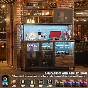 Cyclysio 7-Tier Wine Cabinet with Large Storage Space, Tall Home Bar Cabinet with Power Station & LED Light, Farmhouse Liquor Cabinet with Storage Drawers, Hutch, Wine Rack, Farmhouse