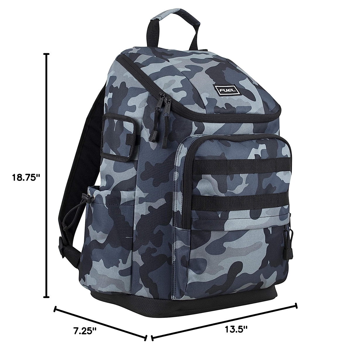 FUEL Multi-Pocket Cargo Backpack with High Capacity Top-Loader Entry, Black/Midnight Blue/Camo