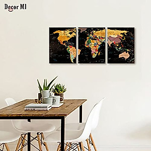 Decor MI World Map Wall Art on Canvas Black Canvas Prints Paintings 3 Pieces Canvas Map of The World Children Education Ready to Hang Map Decor Wall Artwork for Living Room Bedroom Bathroom Home