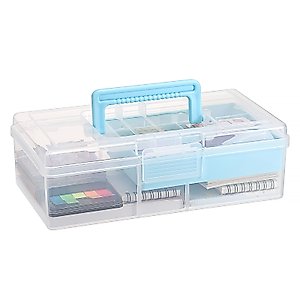 JUXYES Plastic Carry Storage Box with Removable Dividers, Clear Art Craft Supply Storage Bin Sewing Box With Handle Lid, 2 Layers Stationery Storage Case for School/Office Supplies
