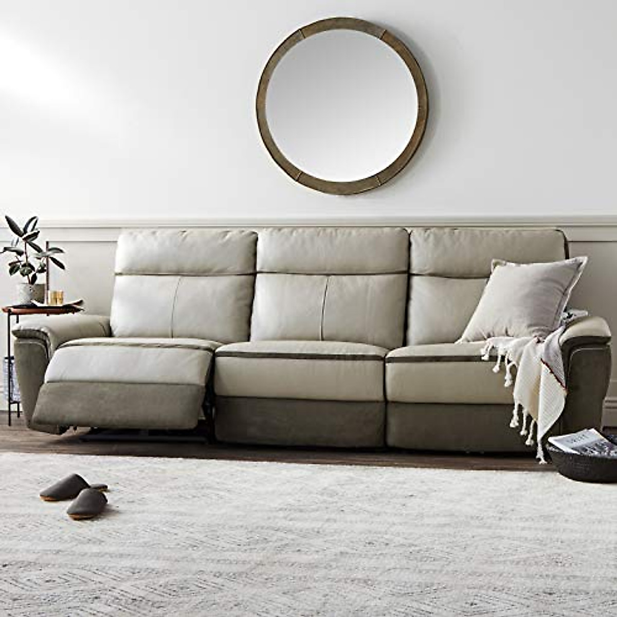 Homelegance Laertes Two-Tone Power Reclining Sofa Top Grain Leather Fabric Match, Light Grey