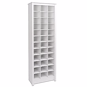 Prepac Space-Saving 36 Pair Shoe Storage Cabinet With Cubbies, 13"D x 23.5"W x 72.5"H, White