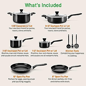 NutriChef 13-Piece Nonstick Cookware PTFE/PFOA/PFOS Free Heat Resistant Kitchen Ware Set w/Saucepan, Frying Pans, Cooking Pots, Casserole, Lids, Ladle, Fork, Strainer NCCWA13, Black