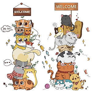 RAINBOW WSK Animal Cat Wall Decal Welcome Peel and Stick Wall Decor Funny Cat Wall Decor for Kids Girls Bedroom Nursery Cute Cat Wall Art for Classroom Door Removable Vinyl Wall Stickers