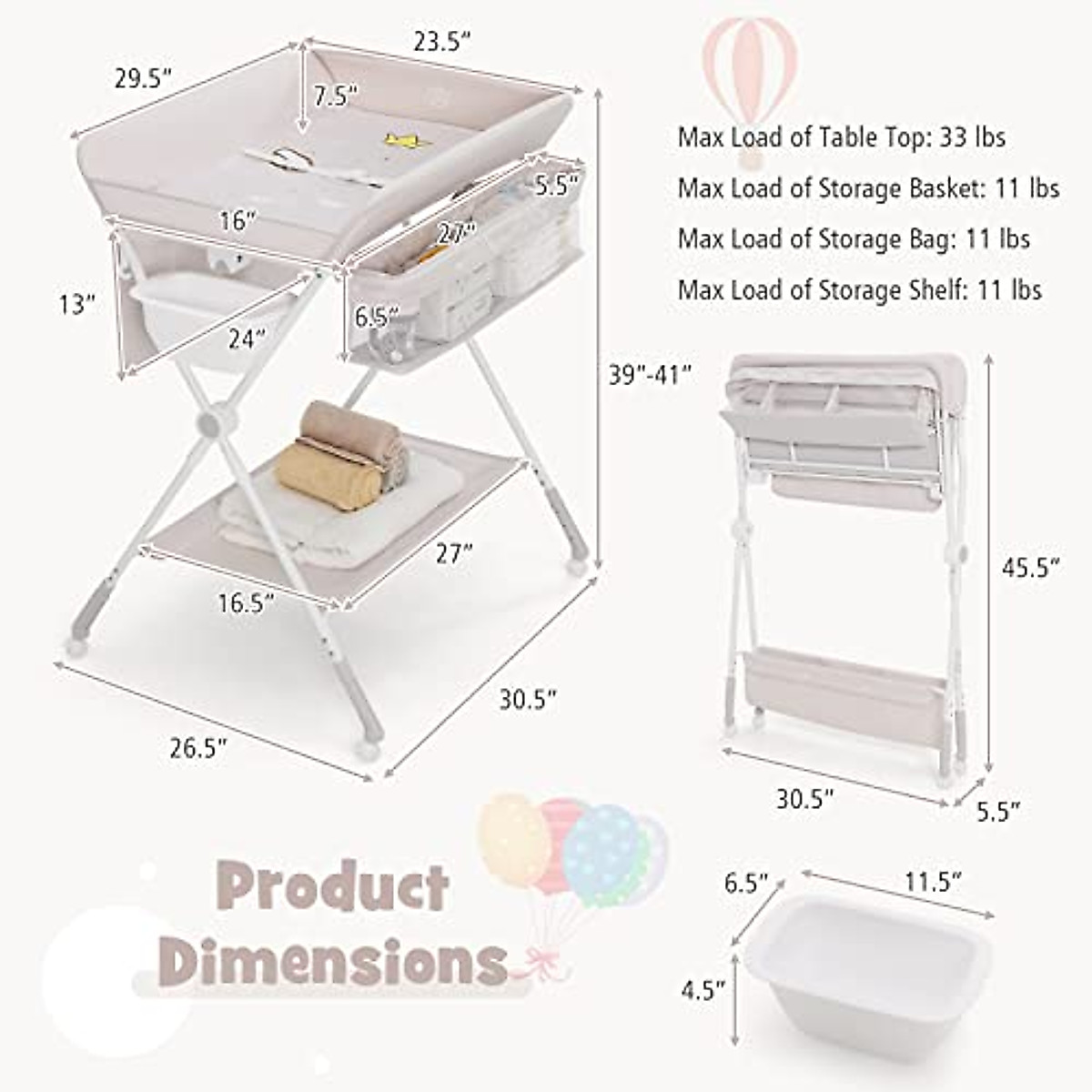 BABY JOY Baby Changing Table, Portable Folding Diaper Changing Station with Wheels, Adjustable Height, Large Storage Rack, Water Basin, Safety Belt, Mobile Nursery Organizer for Newborn Infant, Beige